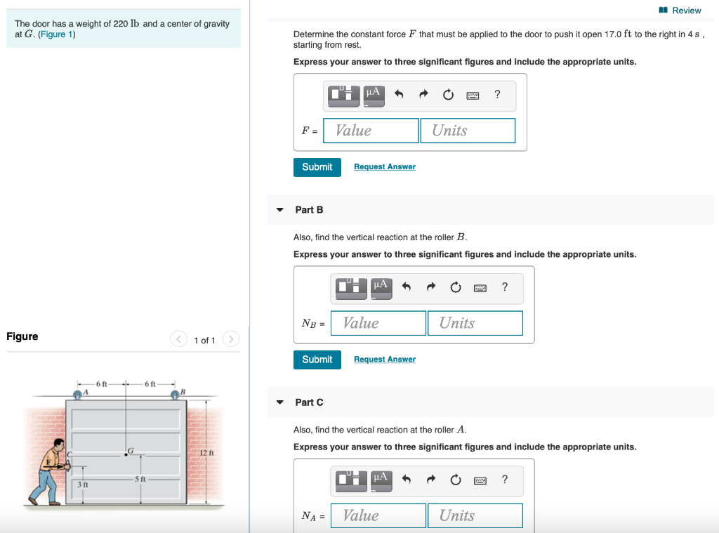 Solved Review The door has a weight of 220 lb and a center | Chegg.com