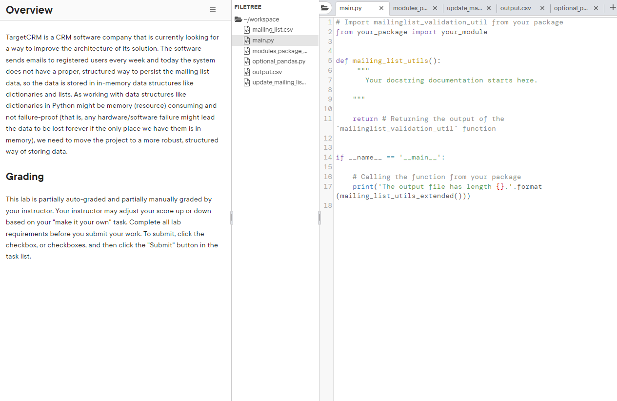 Overview = FILETREE X + -/Workspace mailing list.csv | Chegg.com