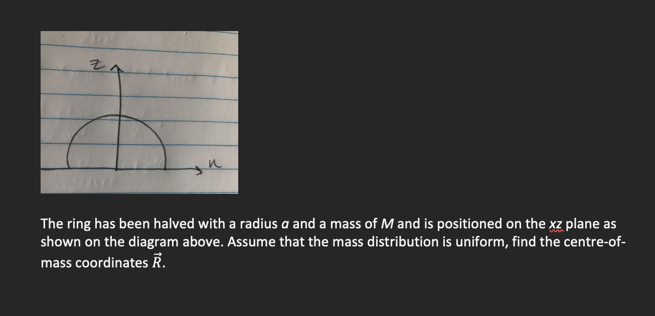 Solved n The ring has been halved with a radius a and a mass | Chegg.com