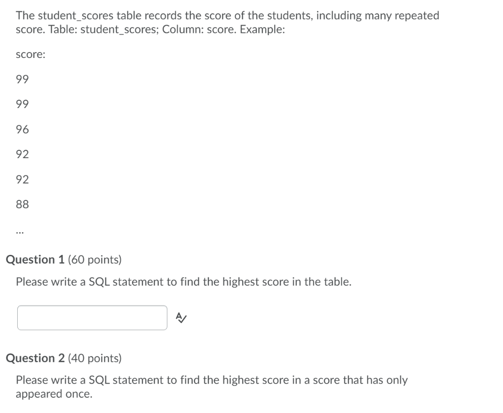 Solved The student_scores table records the score of the | Chegg.com