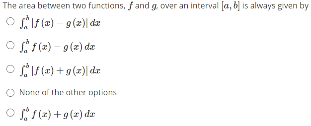 Solved The area between two functions, f and g, over an | Chegg.com
