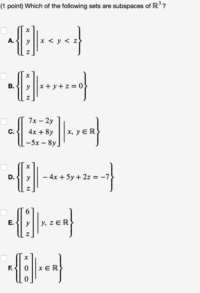 Solved (1 point) Which of the following sets are subspaces | Chegg.com