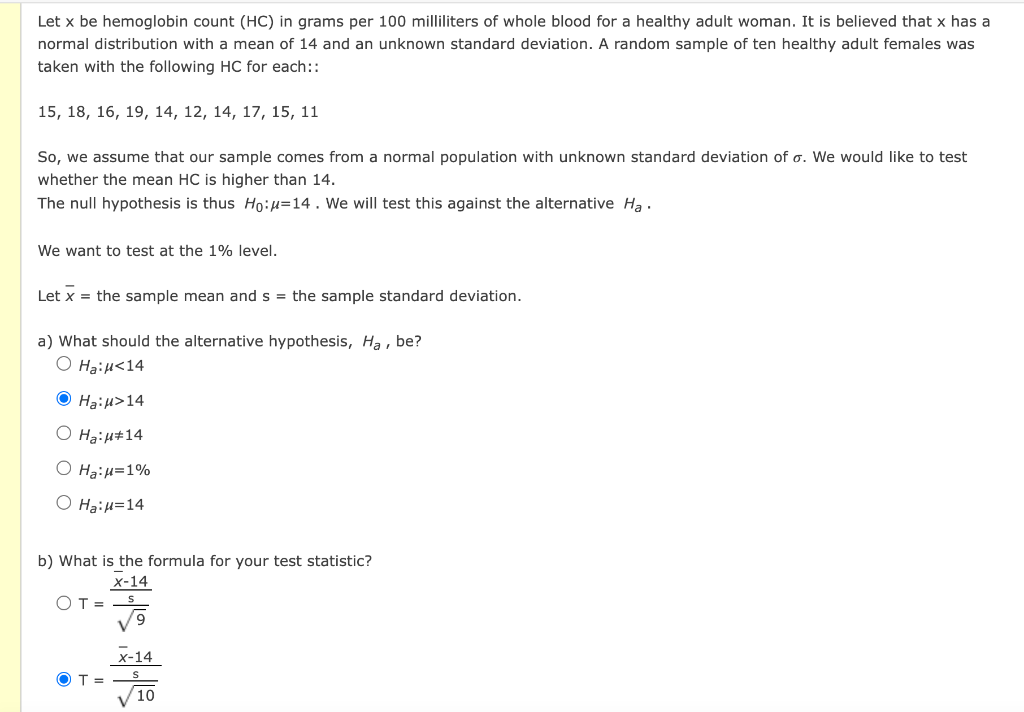 Solved Let x be hemoglobin count (HC) in grams per 100 | Chegg.com