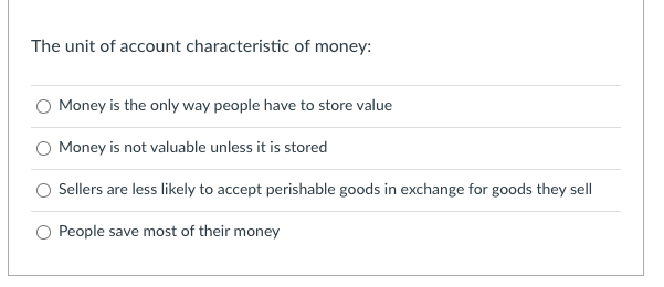 Solved The unit of account characteristic of money: Money is | Chegg.com