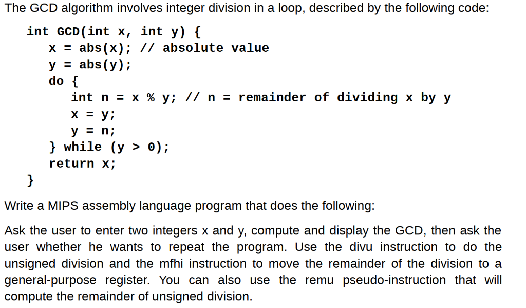Solved The GCD algorithm involves integer division in a | Chegg.com