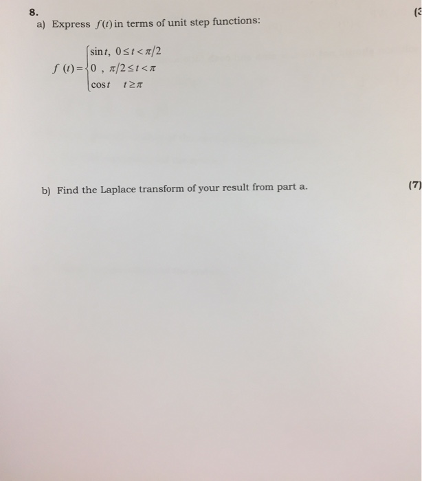 Solved Express f(t) in terms of unit step functions: f(t) = | Chegg.com