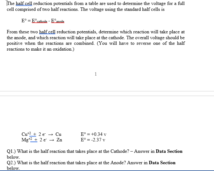 Solved The half cell reduction potentials from a table are | Chegg.com