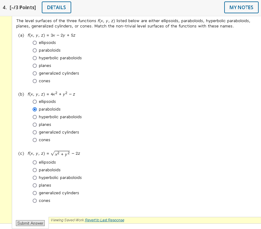 Solved The level surfaces of the three functions f(x,y,z) | Chegg.com