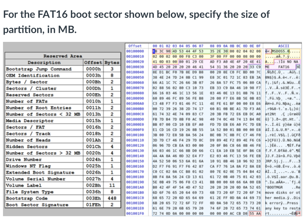 13. For the FAT16 boot sector shown below, specify | Chegg.com