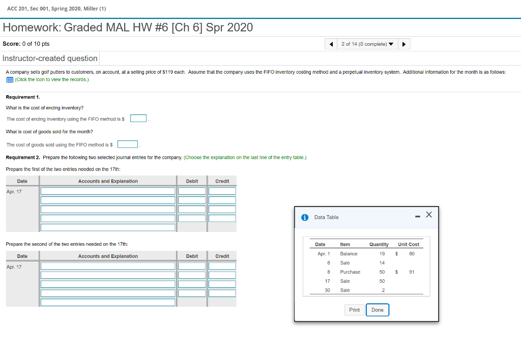 Solved ACC 201, Sec 001, Spring 2020, Miller (1) Homework: | Chegg.com