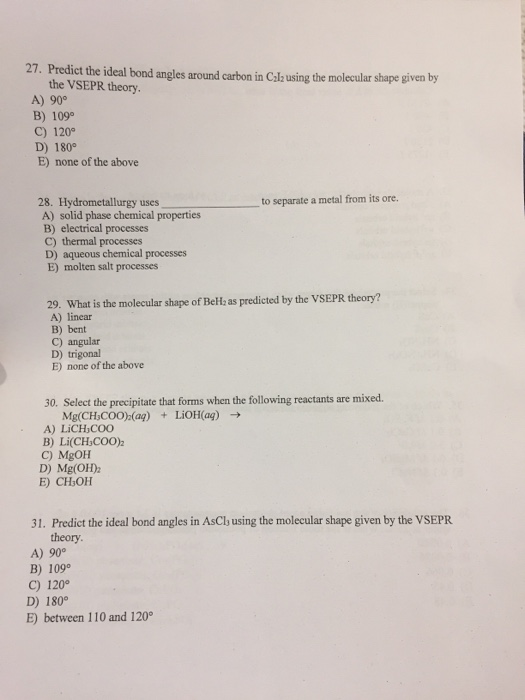 Solved 27. Predict the ideal bond angles around carbon in | Chegg.com