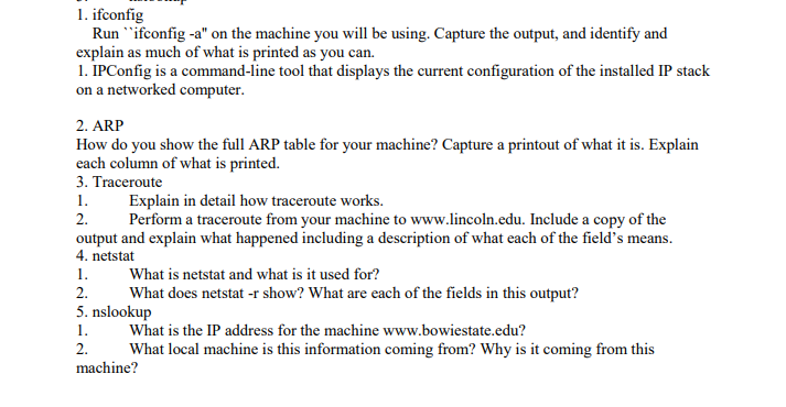 Solved 1. ifconfig Run ifconfig -a" on the machine you will | Chegg.com
