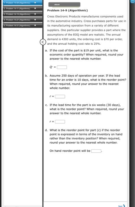Solved Problem 14-9 (Algorithmic)Cress Electronic Products | Chegg.com