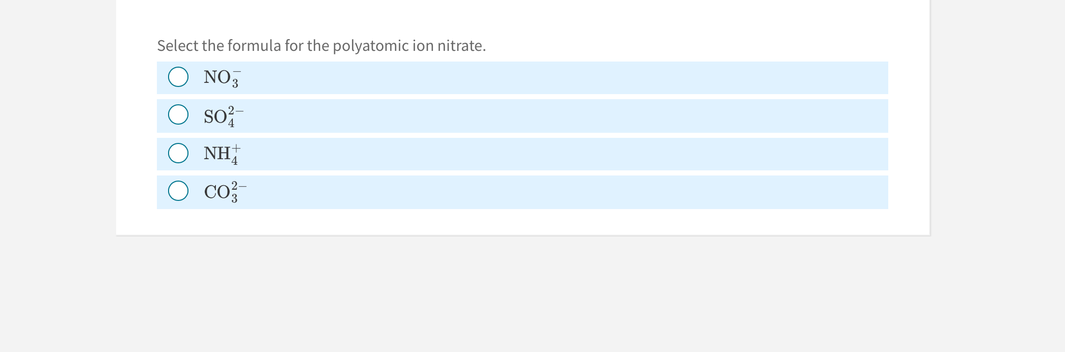 Solved Select the formula for the polyatomic ion | Chegg.com