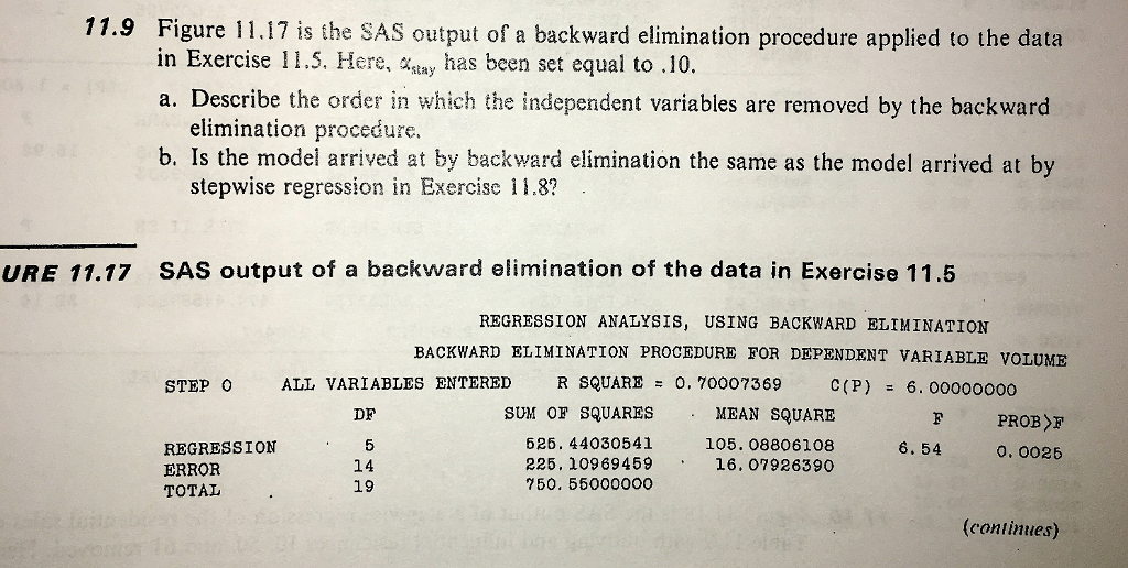 Solved 11.9 Figure 11.17 is the SAS output of a backward | Chegg.com