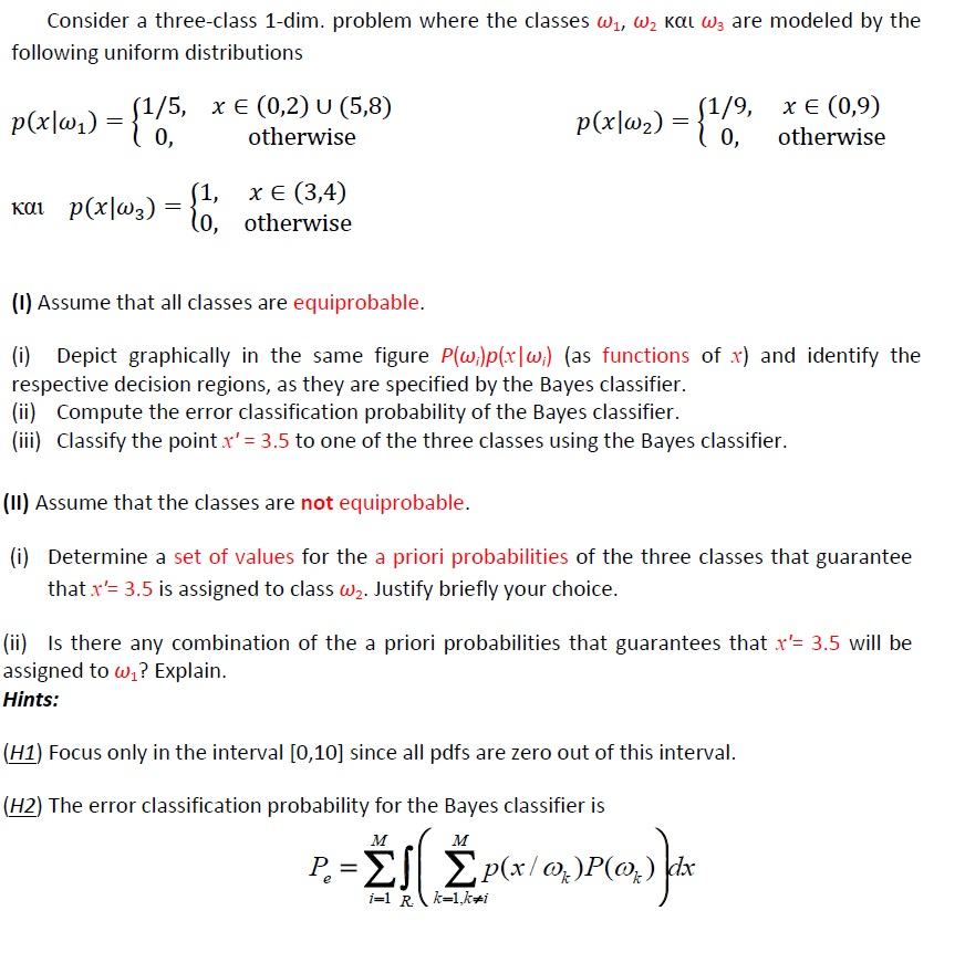 Consider a three-class 1-dim, problem where the | Chegg.com