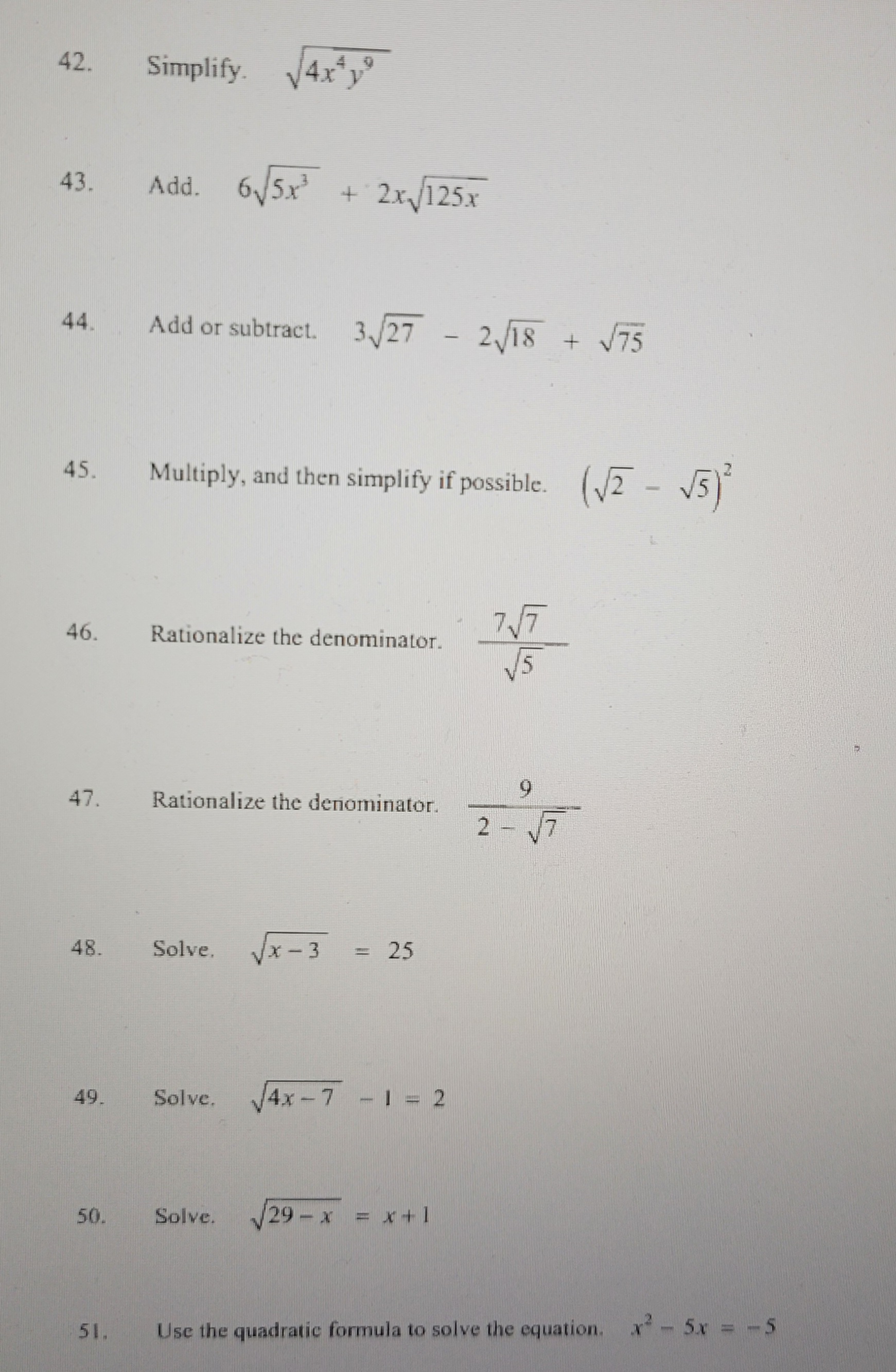 Solved 42. Simplify. 4x4y9 43. Add. 65x3+2x125x 44. Add or | Chegg.com