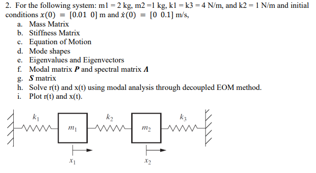 Solved 2. For the following system: m1=2 kg, m2=1 kg,k1=k3=4 | Chegg.com