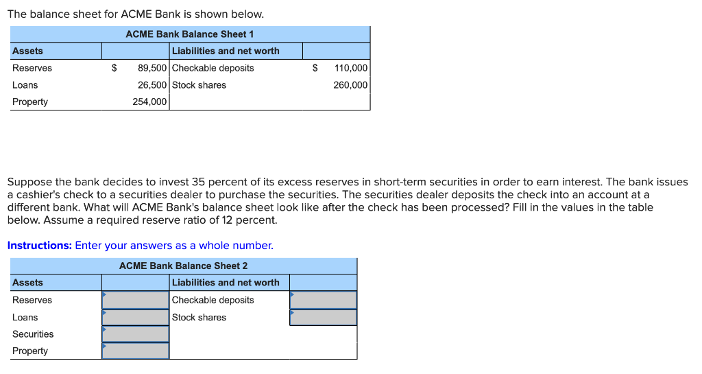 Solved The balance sheet for ACME Bank is shown below. | Chegg.com
