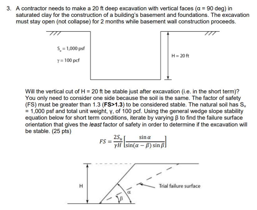 Solved 3. A contractor needs to make a 20 ft deep excavation | Chegg.com