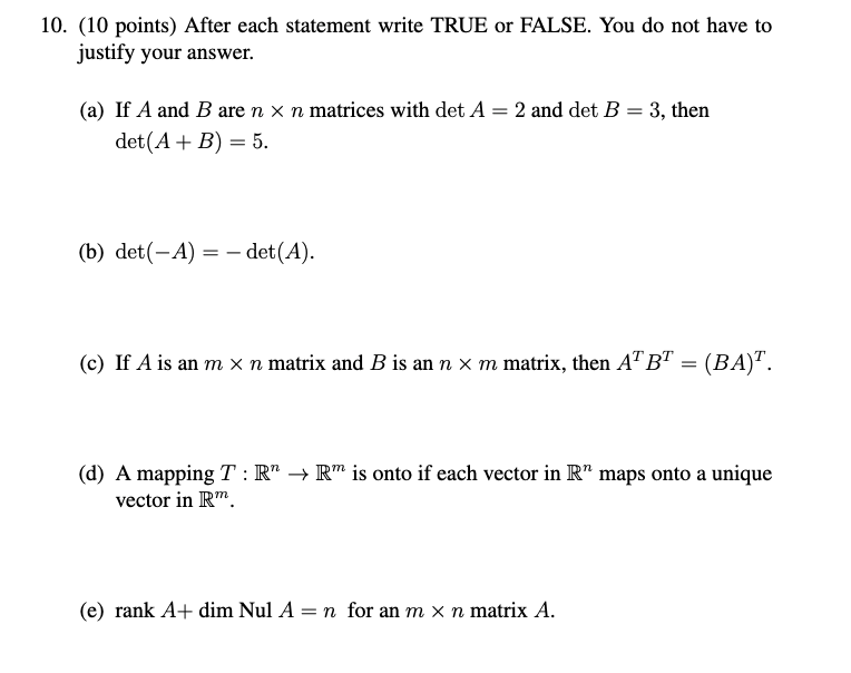 Solved 10. (10 points) After each statement write TRUE or | Chegg.com