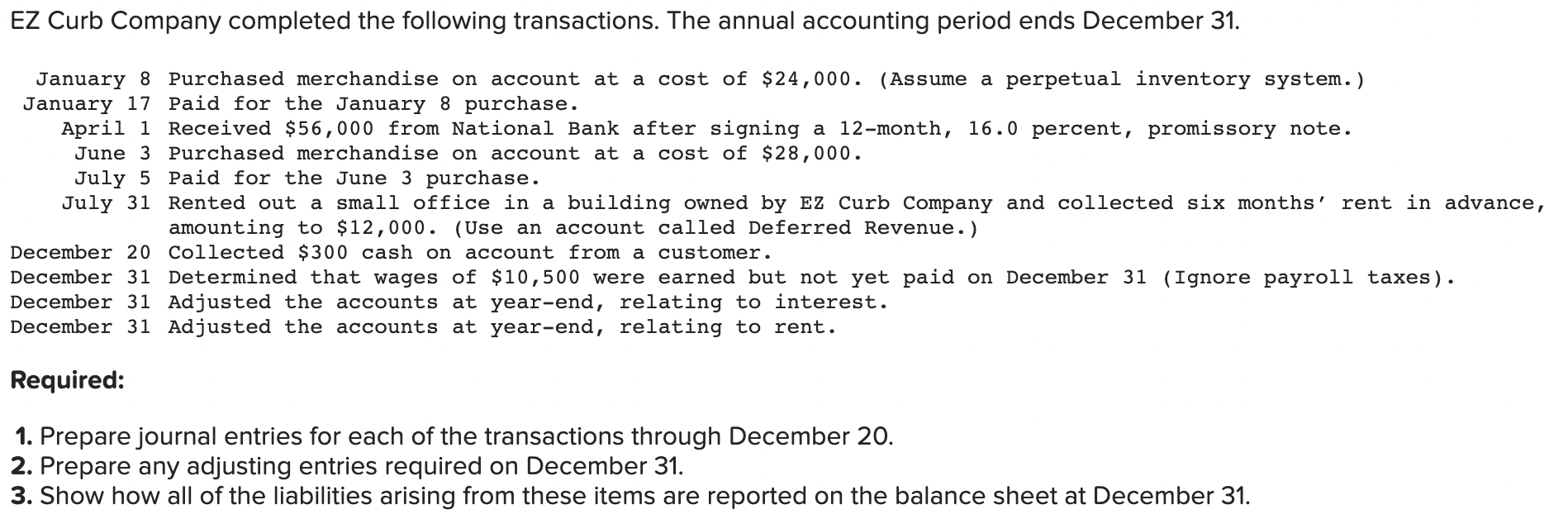 Solved EZ Curb Company completed the following transactions. | Chegg.com