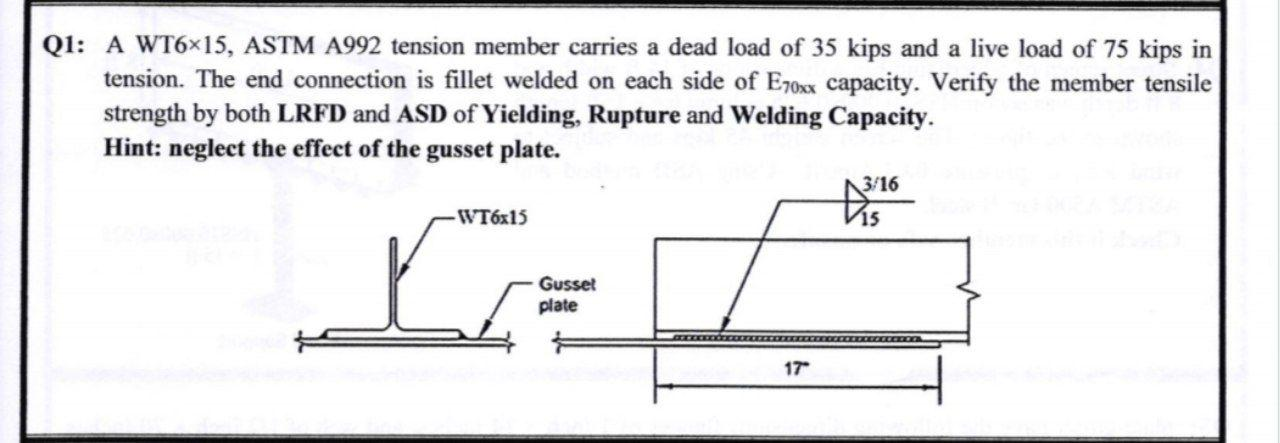 Solved Q1: A WT6x15, ASTM A992 tension member carries a dead | Chegg.com