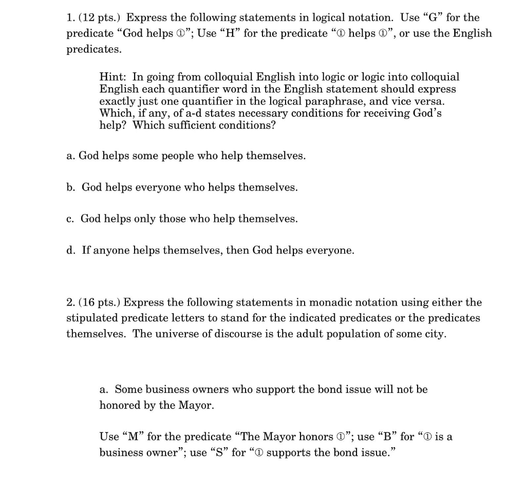 Solved 1. (12 pts.) Express the following statements in | Chegg.com