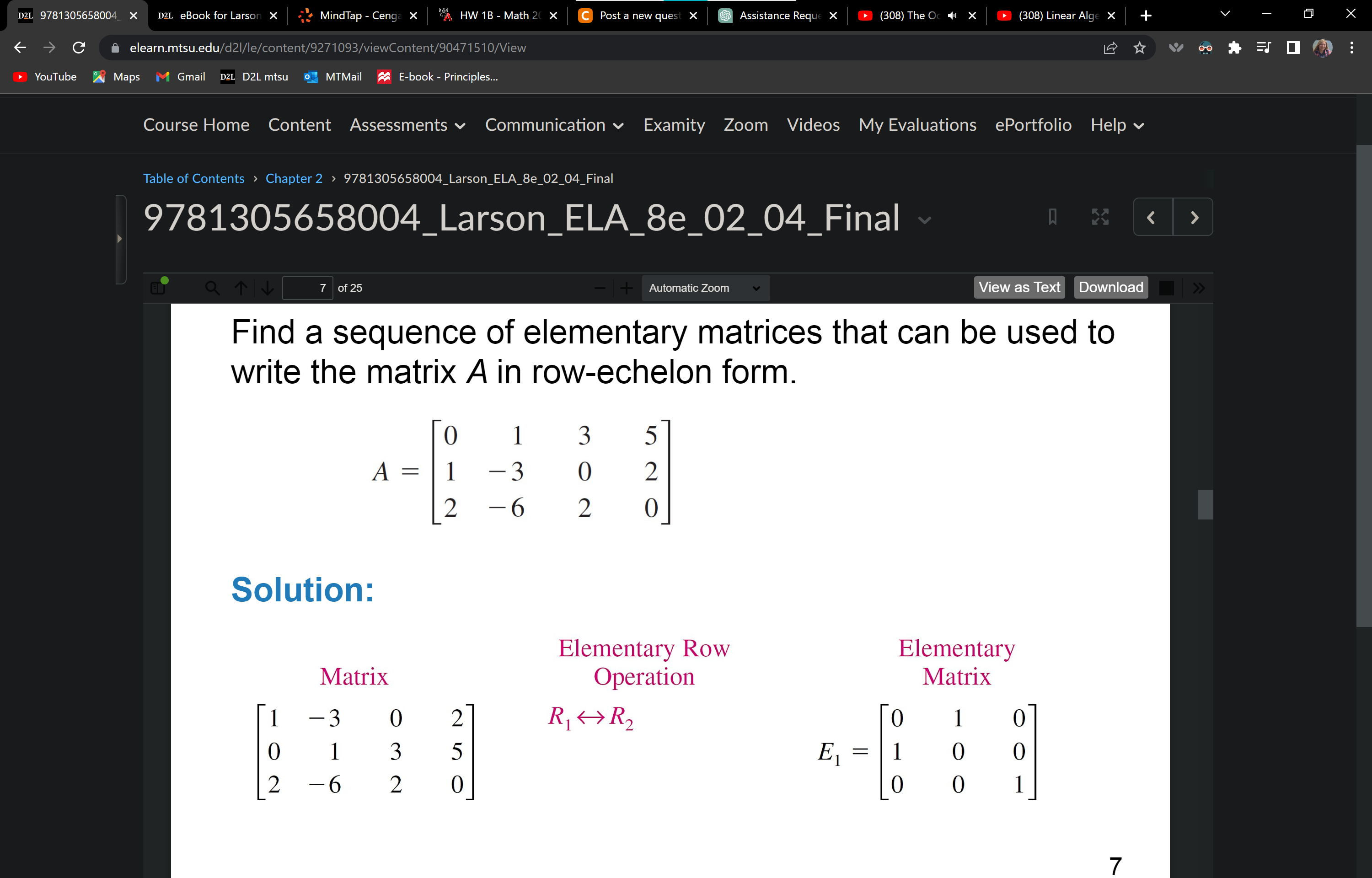 Solved I'm learning elementary matrices in linear algebra | Chegg.com