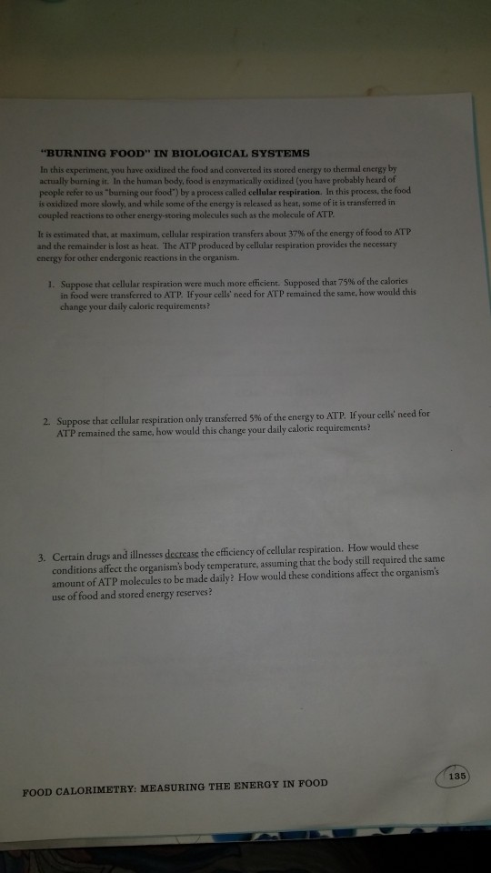 Solved BURNING FOOD" IN BIOLOGICAL SYSTEMS In this | Chegg.com