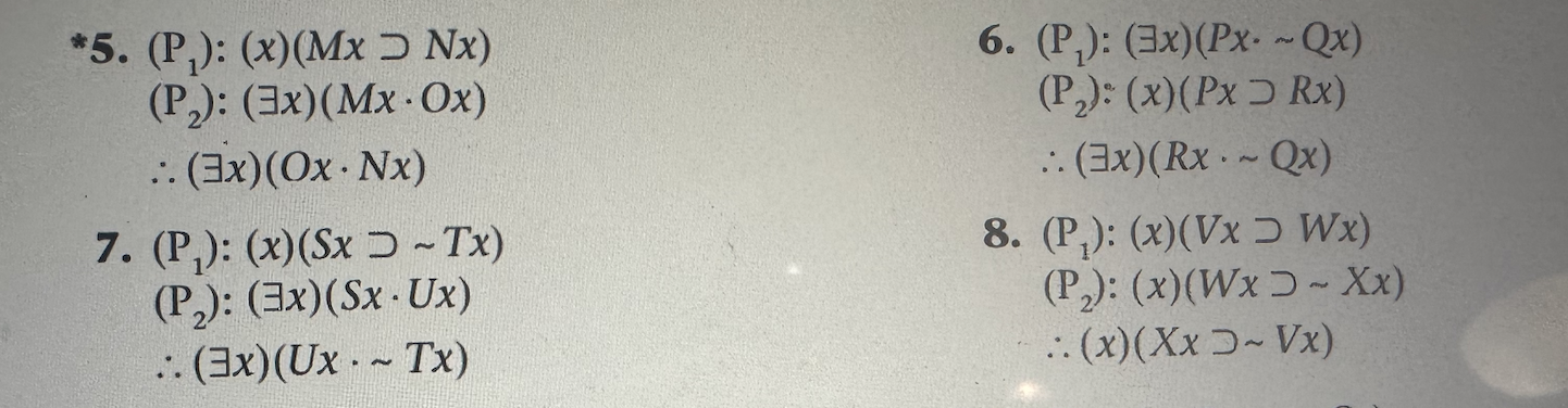 Solved *5. (P1):(x)(Mx⊃Nx) 6. (P1):(∃x)(Px∼∼Qx) | Chegg.com