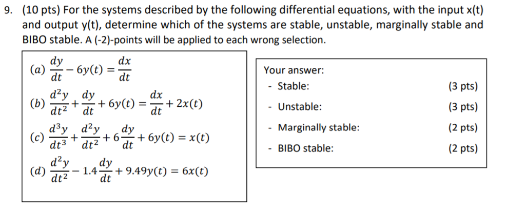 Solved 9) (10 pts) For the systems described by the | Chegg.com