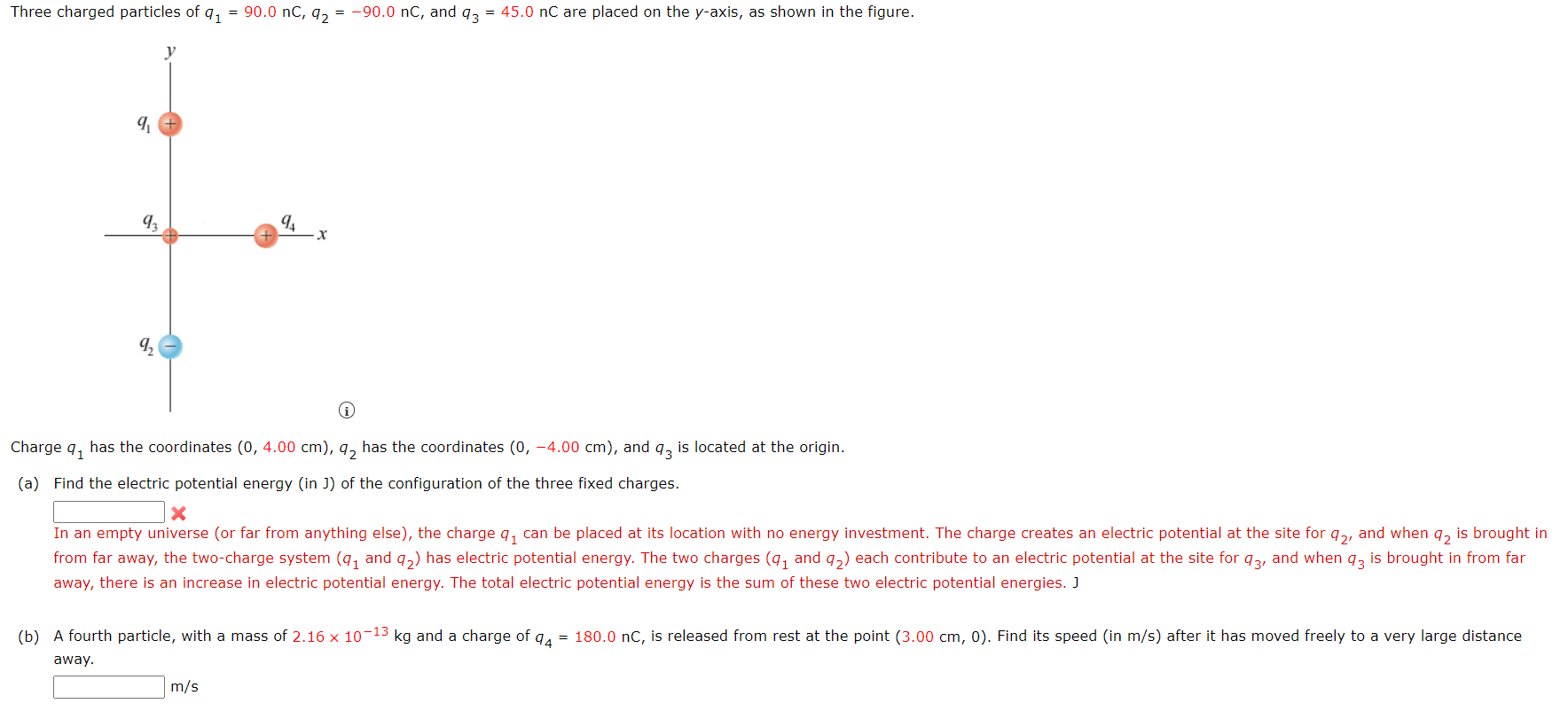 Solved Three charged particles of q1=90.0nC,q2=−90.0nC, and | Chegg.com
