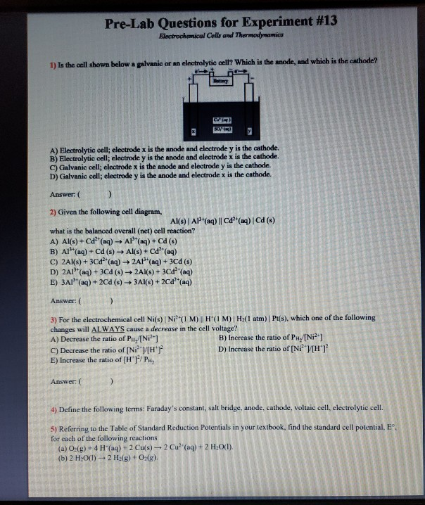 Solved Pre-Lab Questions for Experiment #13 Electrochemical | Chegg.com