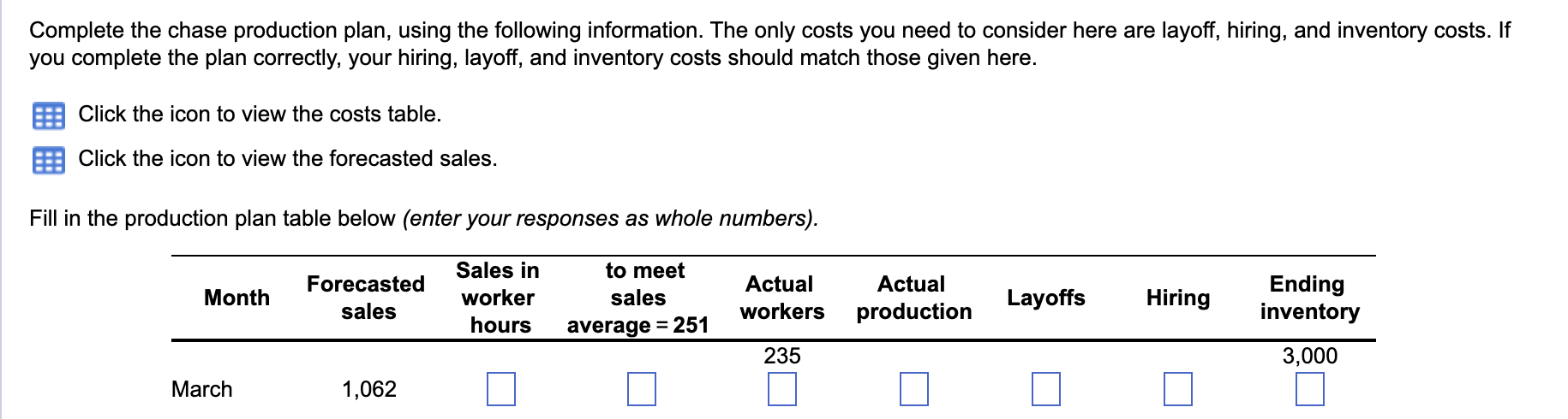 Complete the chase production plan, using the | Chegg.com