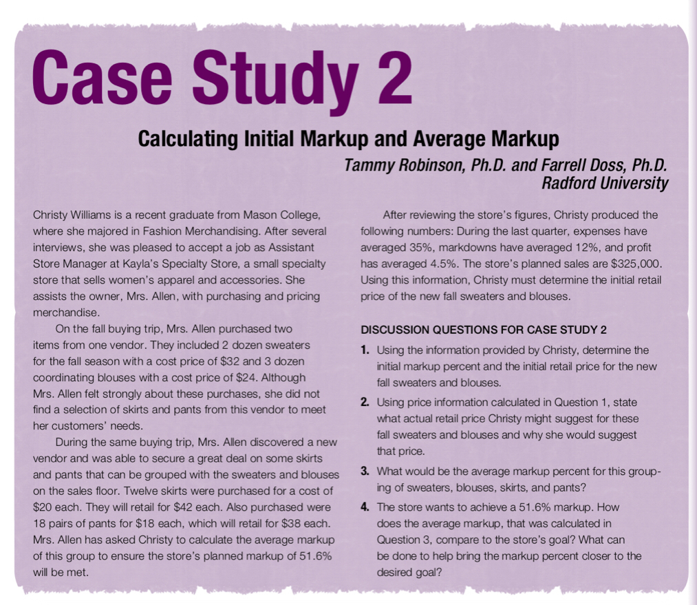 Solved Case Study 2 Calculating Initial Markup and Average | Chegg.com
