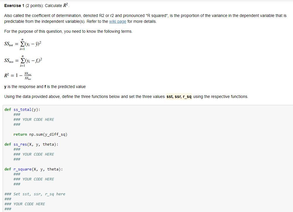 Exercise 1 (2 points): Calculate R2 Also called the | Chegg.com