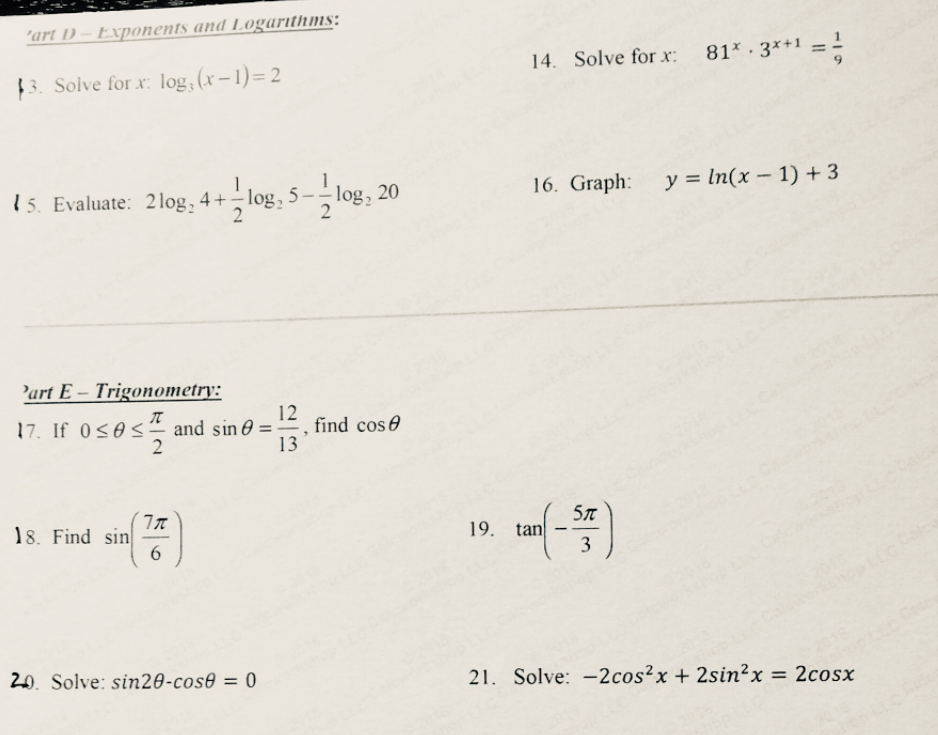 Solved 'art D - Exponents and Logarithms: 14. Solve for x: | Chegg.com