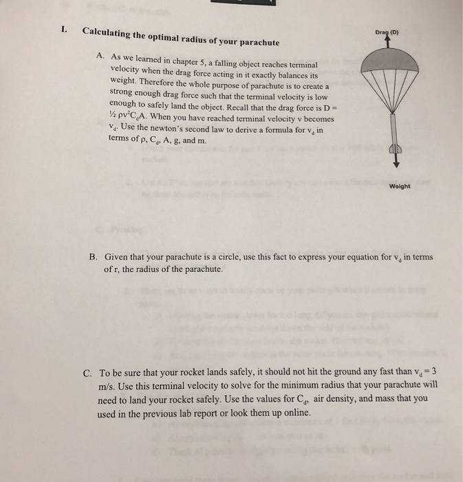 Solved I. Calculating the optimal radius of your parachute | Chegg.com