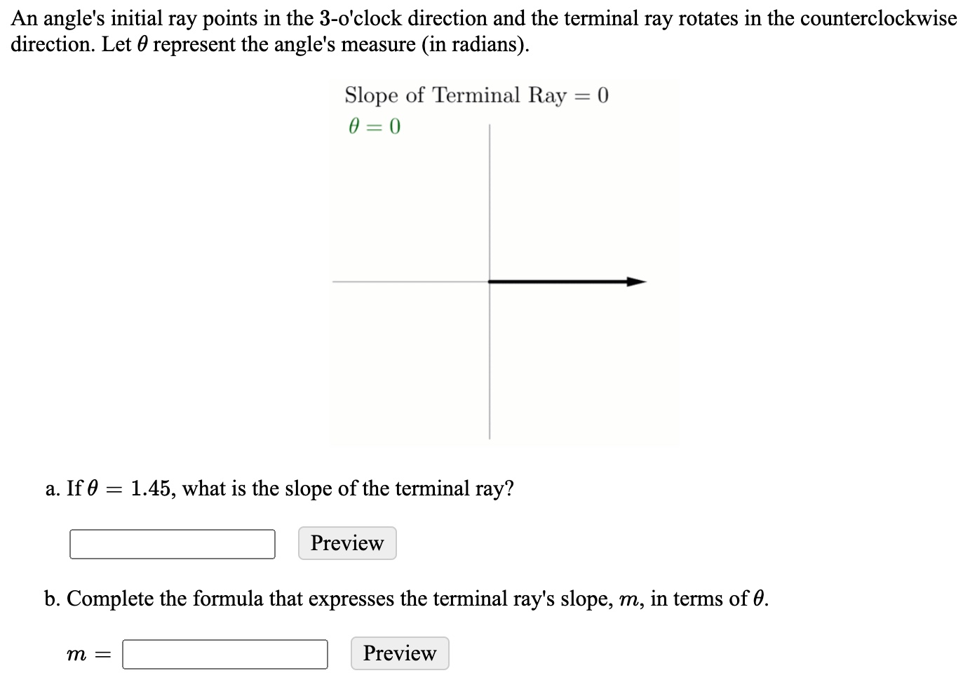 Solved An angle's initial ray points in the 3 -o'clock | Chegg.com