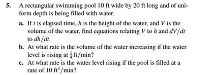Solved 5. A rectangular swimming pool 10ft wide by 20ft long | Chegg.com