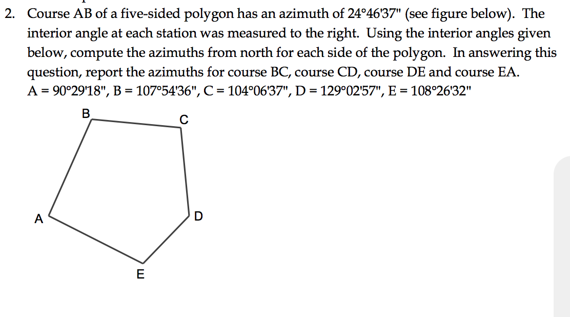 Solved 2. Course AB of a five-sided polygon has an azimuth | Chegg.com