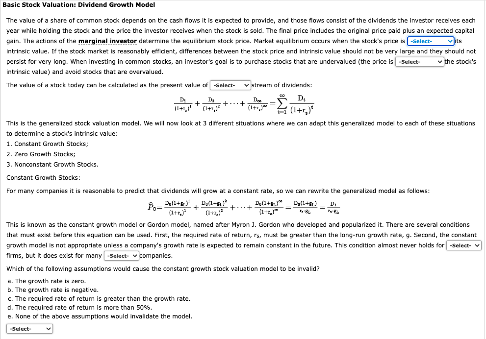 Solved Basic Stock Valuation: Dividend Growth Model The | Chegg.com