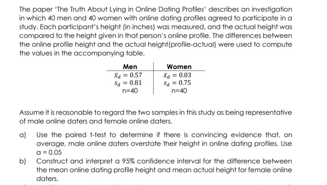 Solved The paper 'The Truth About Lying in Online Dating | Chegg.com