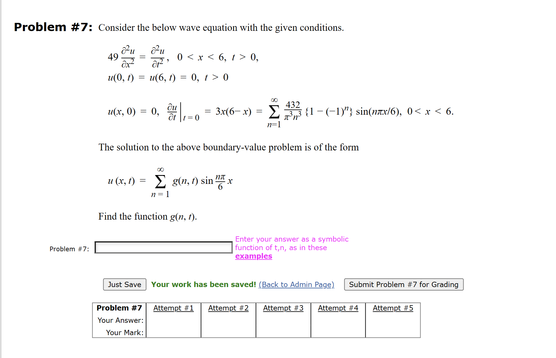 Solved Problem \# 7: Consider the below wave equation with | Chegg.com