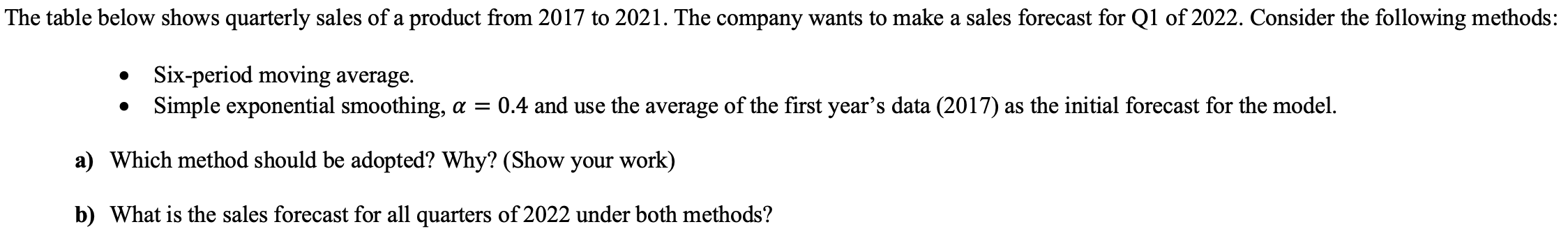 Solved The table below shows quarterly sales of a product | Chegg.com