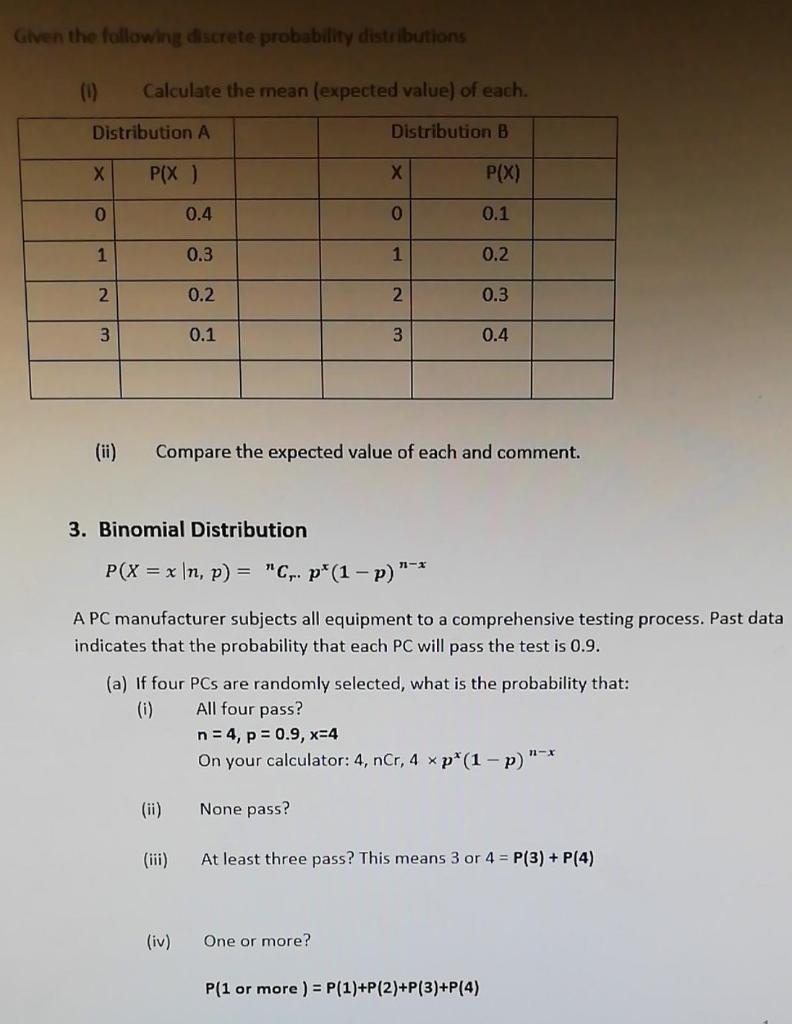 Solved Given the following discrete probability | Chegg.com