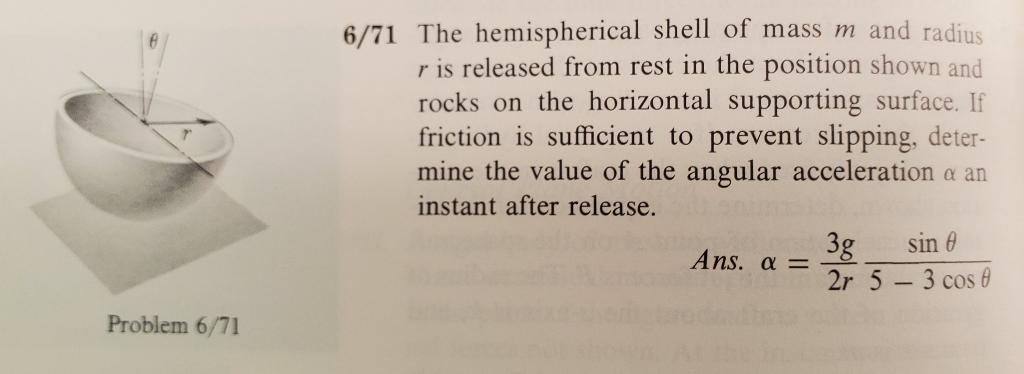 Solved 6/71 The hemispherical shell of mass m and radius r | Chegg.com