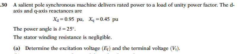 Solved 30 A salient pole synchronous machine delivers rated | Chegg.com