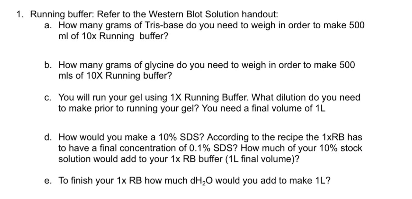 Solved 1. Running buffer: Refer to the Western Blot Solution | Chegg.com